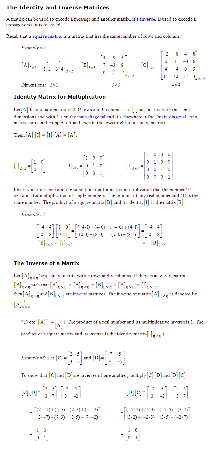 The Inverse of a Matrix and Solving Systems of Equations Using Matrices