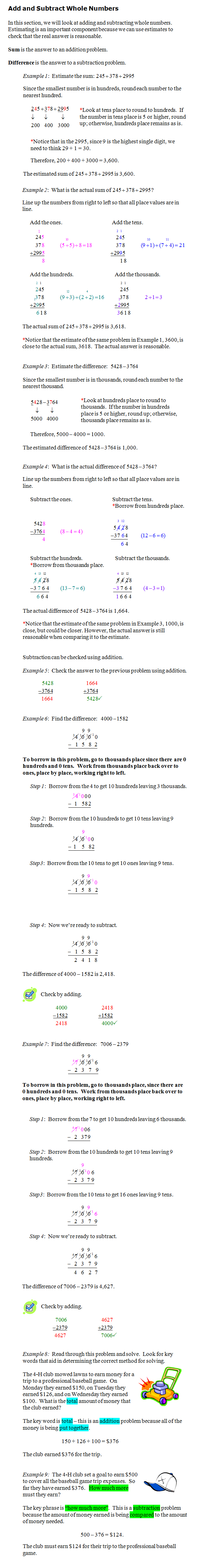 Whole Numbers And Decimals Addition And Subtraction Whole Numbers And Decimals Addition And Subtraction